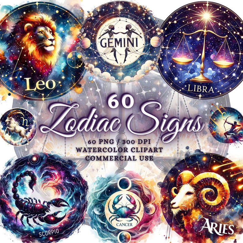 60 Watercolor Zodiac Sign Clipart Bundle, Zodiac Sign PNG, Astrology ...
