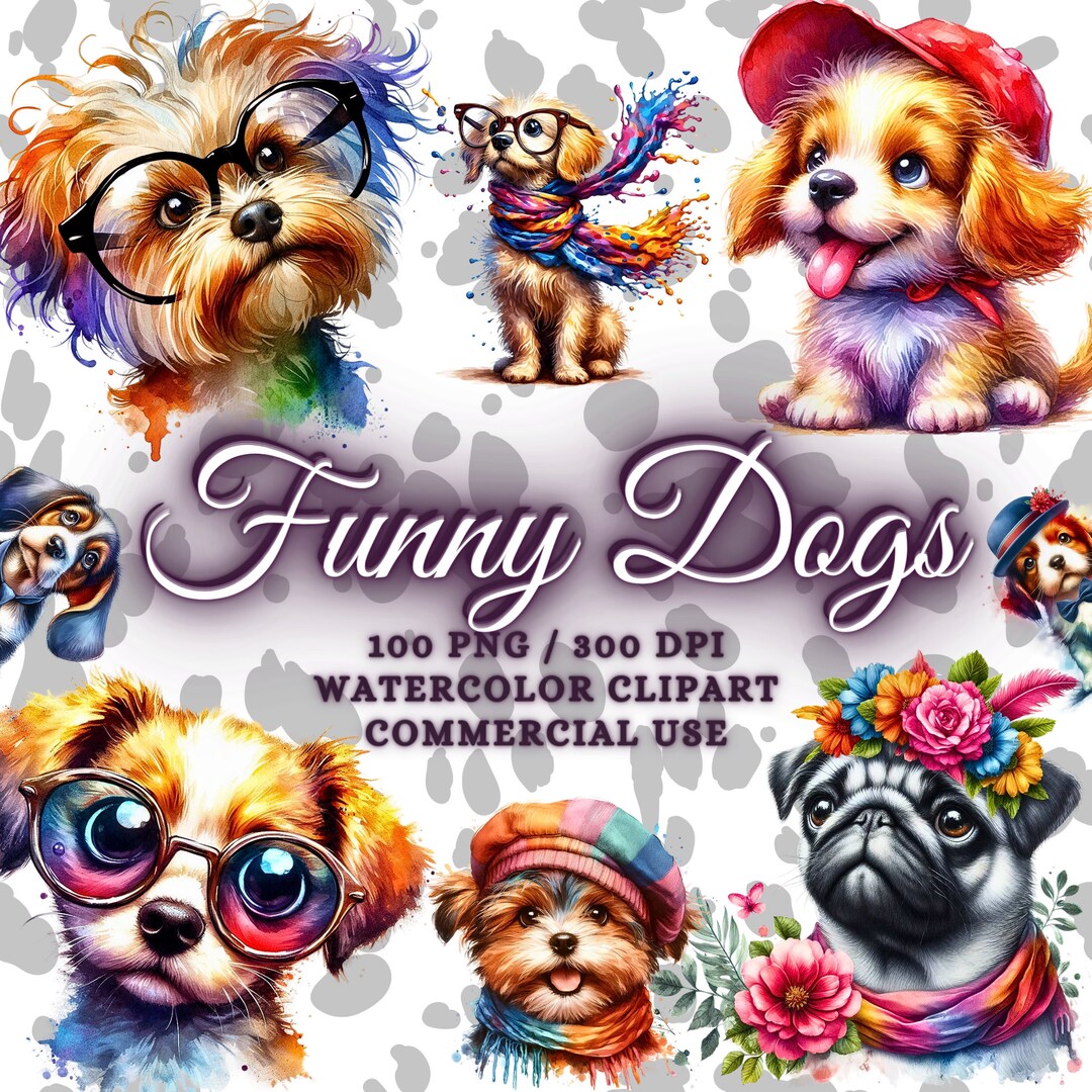 100 Funny and Cute Watercolor Dogs Clipart Bundle, Cute Dogs Png Bundle ...