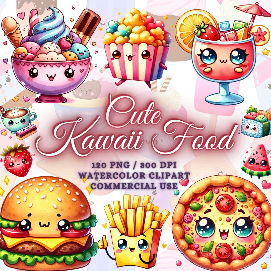 120 Cute Kawaii Food Clipart Bundle, Watercolor Food Clipart, Food Png ...