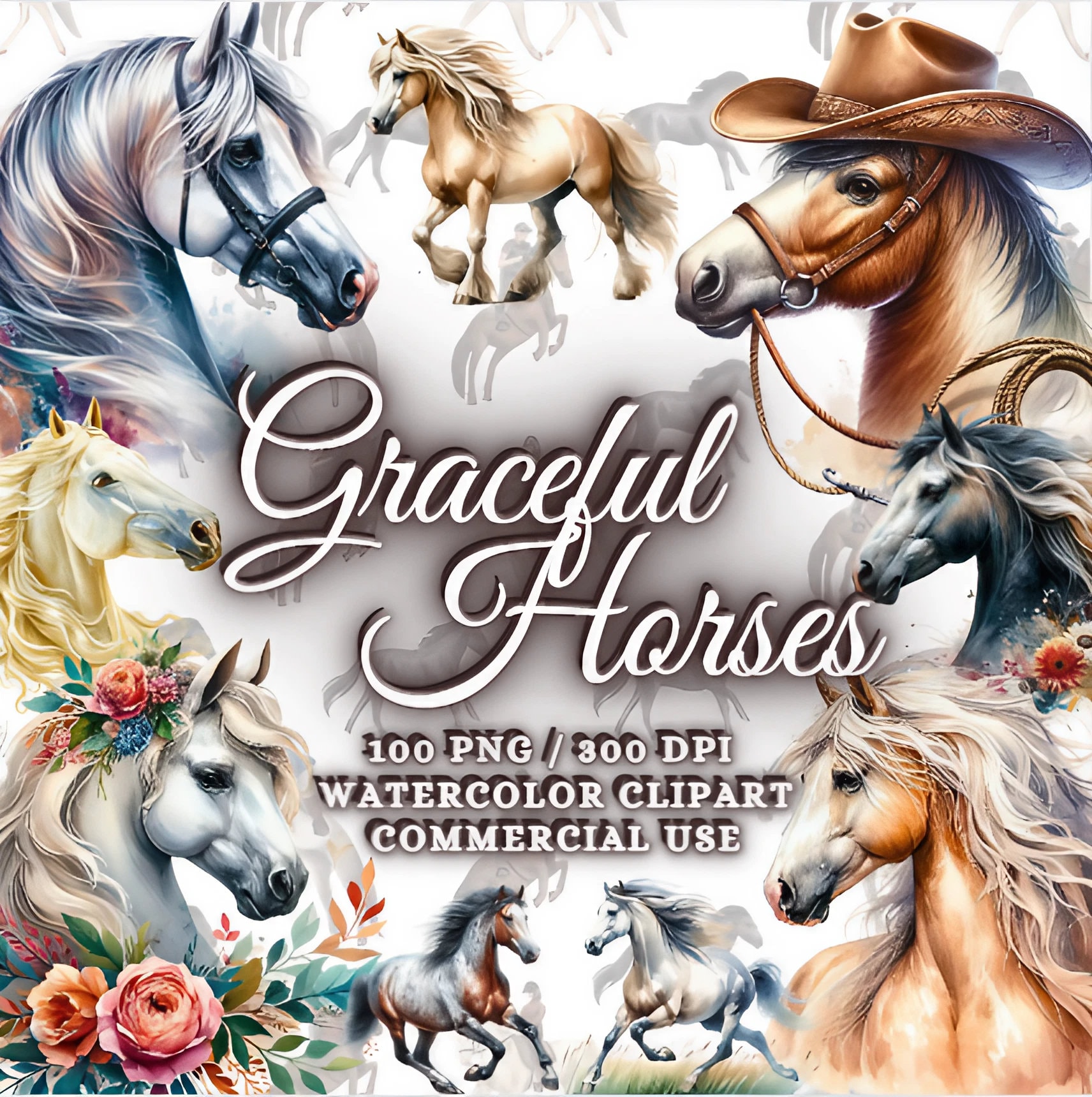 100 Stunning Watercolor Horses Clipart Bundle, Floral Horse Png ...
