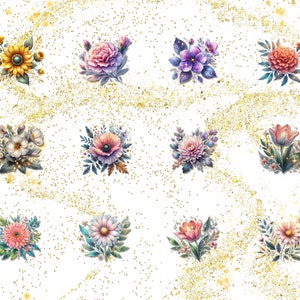 60 Watercolor Glitter Flowers Clipart Bundle, Glitter Flower Png Set ...