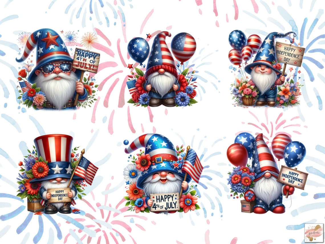 50 Watercolor 4th of July Gnomes Clipart, Patriotic Gnome Clipart, 4th ...