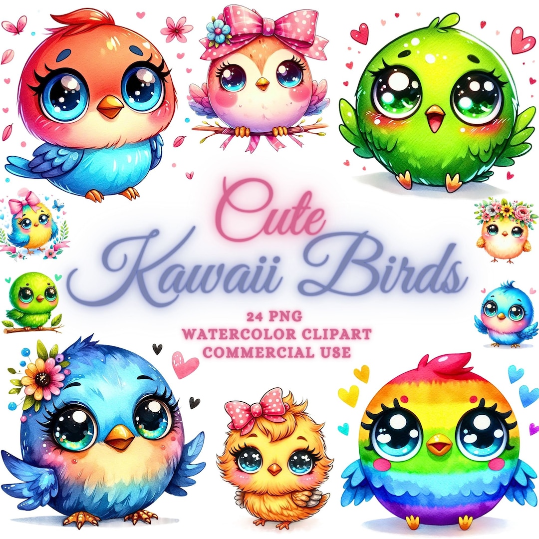 Watercolor Kawaii Bird Png Bundle, Cute Kawaii Birds Clipart Bundle ...