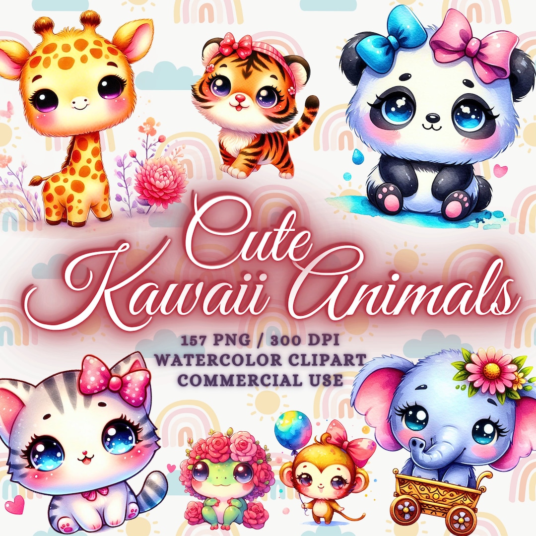157 Cute Kawaii Baby Animals Clipart Megabundle, Watercolor Kawaii ...