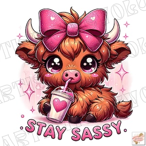 Stay Sassy Highland Cow PNG, Cute Baby Cow Clipart, Coquette Cow ...