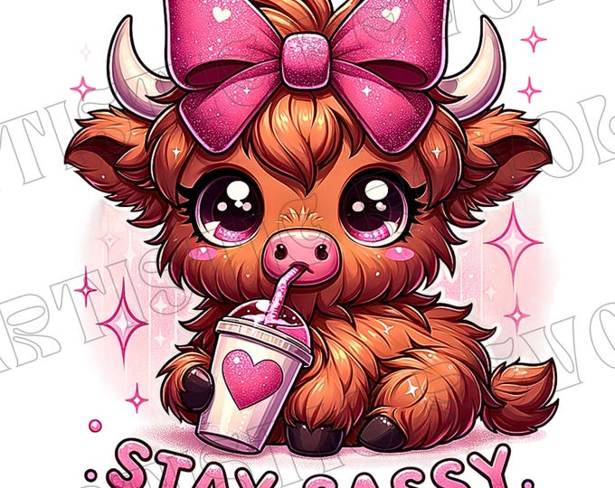 Stay Sassy Highland Cow PNG, Cute Baby Cow Clipart, Coquette Cow ...