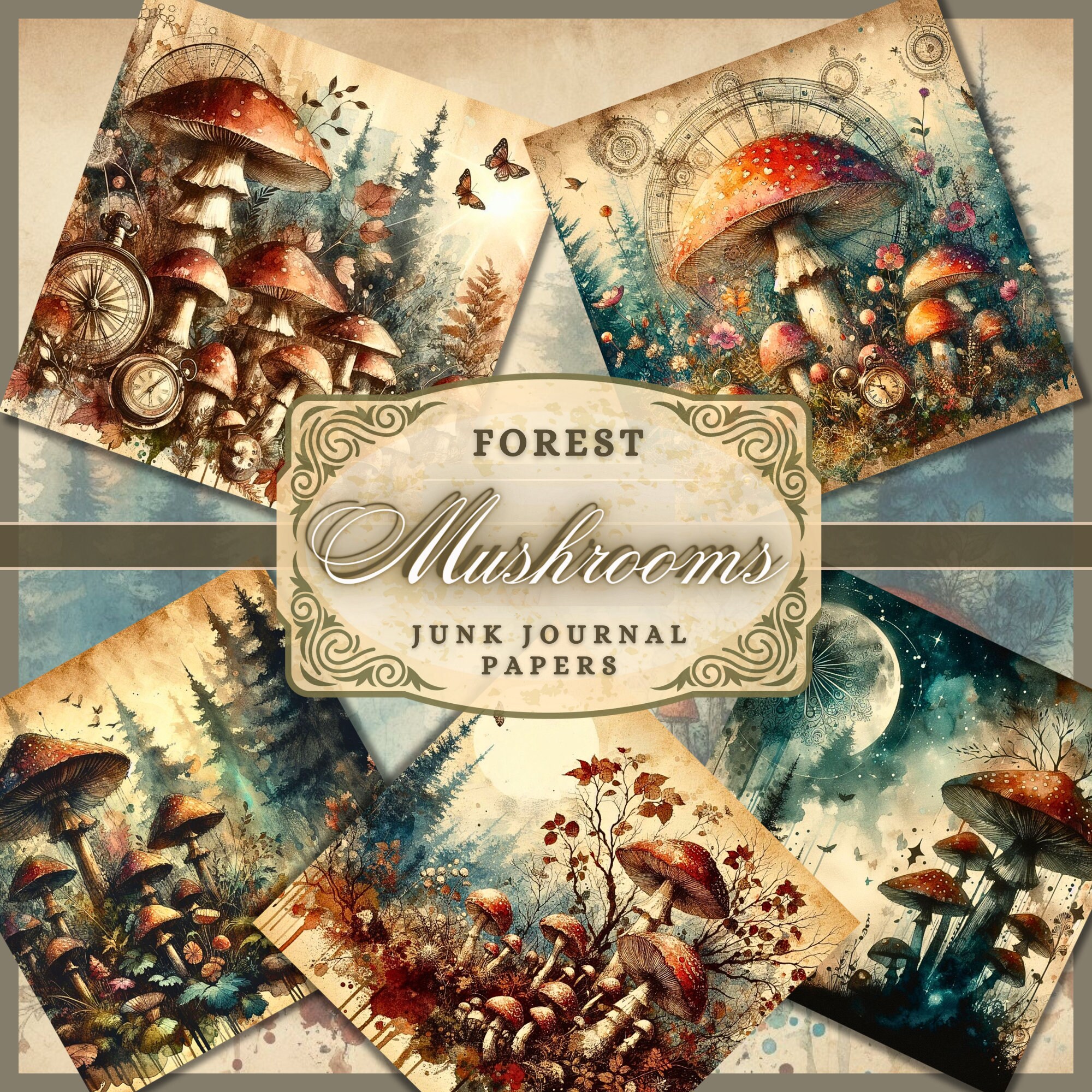 50 Forest Mushrooms Junk Journal Papers Kit, Watercolor Forest Junk ...