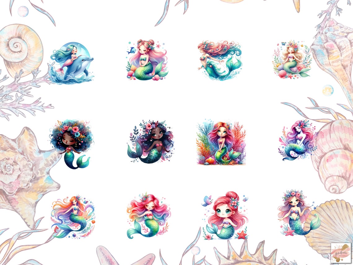 70 Watercolor Mermaids Clipart Bundle, Little Mermaid Clipart Png, Sea ...