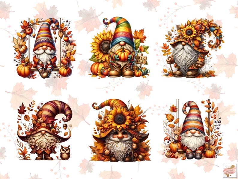 Watercolor Hello Fall Gnome Clipart PNG Bundle, Fall Gnome Png, Autumn ...