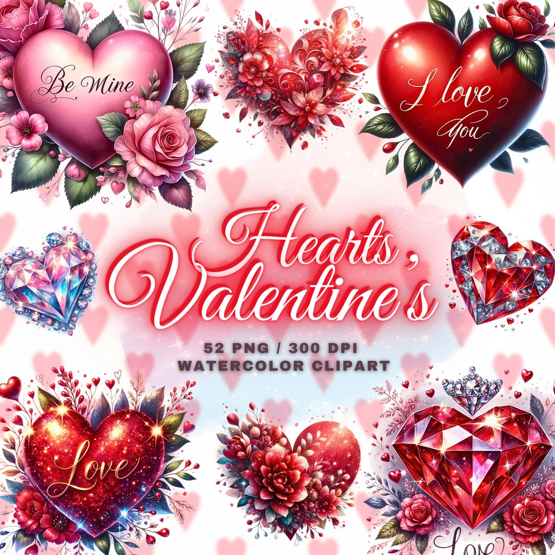 52 Watercolor Valentine Heart Clipart Bundle, Candy Hearts Bundle ...