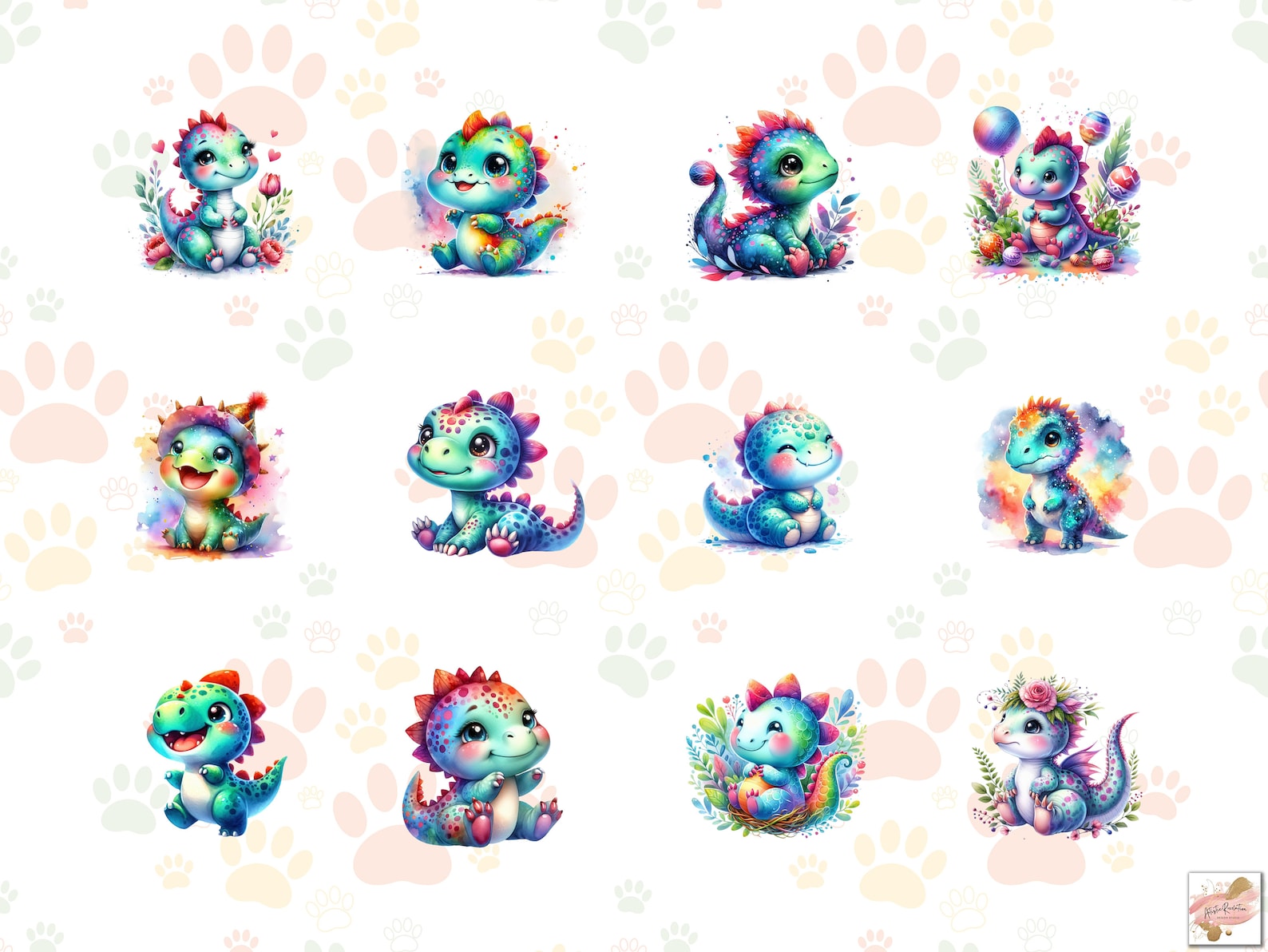 Cute Watercolor Dinosaurs Clipart Bundle, Baby Dinosaurs Clipart, Cute ...