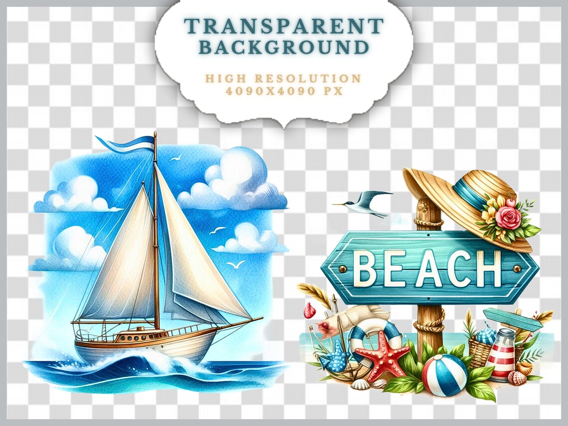Watercolor Nautical Collection Clipart, 21 PNG, Beach Clipart, Travel ...