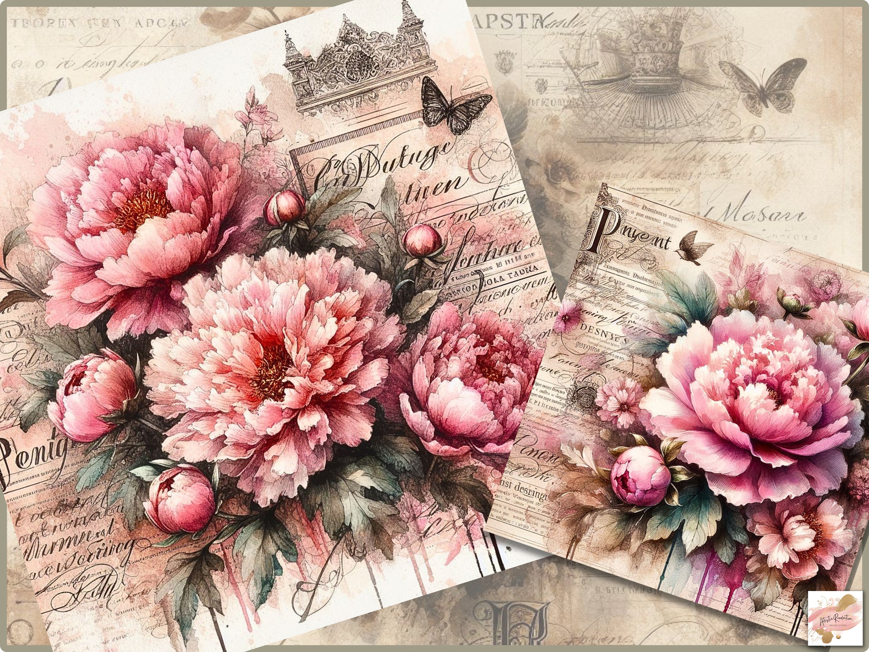 Watercolor Peonies Papers, Vintage Peonies Digital Papers Peony Journal ...