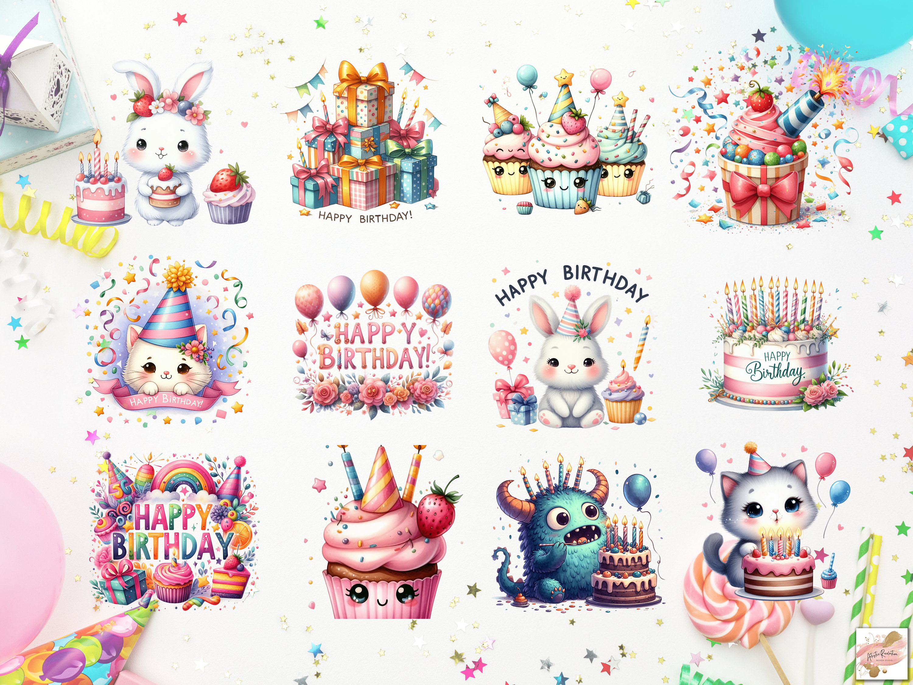 70 Watercolor Happy Birthday Clipart Bundle, Colorful Birthday Clipart ...