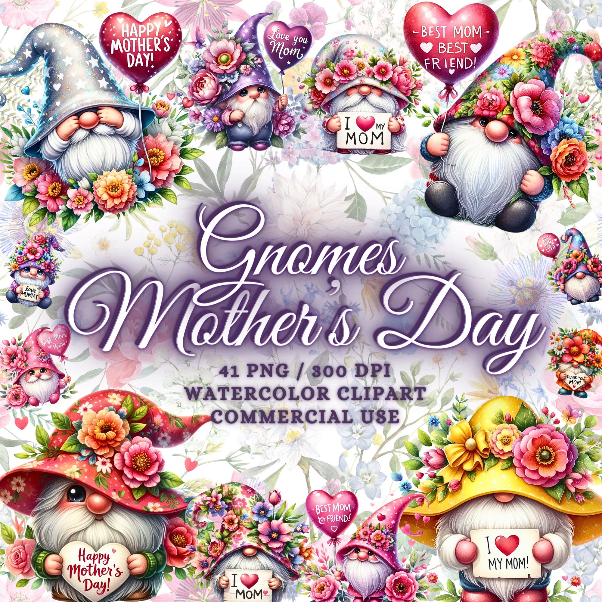 41 Watercolor Mothers Day Clipart, Watercolor Gnomes Clipart Bundle ...