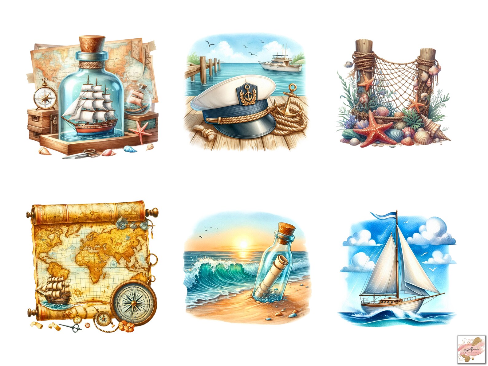 Watercolor Nautical Collection Clipart, 21 PNG, Beach Clipart, Travel ...