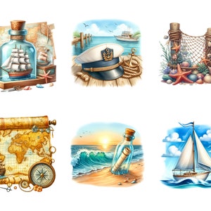 Watercolor Nautical Collection Clipart, 21 PNG, Beach Clipart, Travel ...