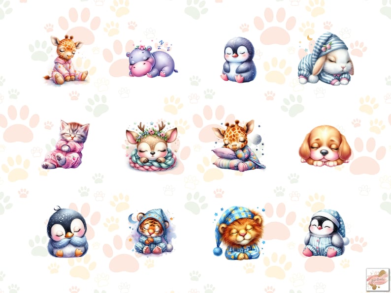 88 Cute Sleepy Animals Clipart Bundle, Watercolor Sleepy Animals Png ...