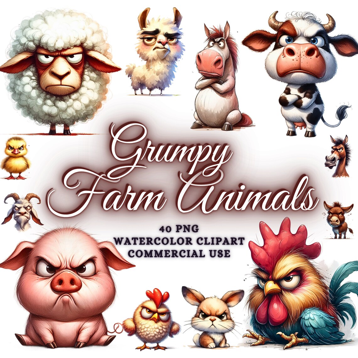 40 Watercolor Grumpy Baby Farm Animals Clipart Bundle, Grumpy Farm ...