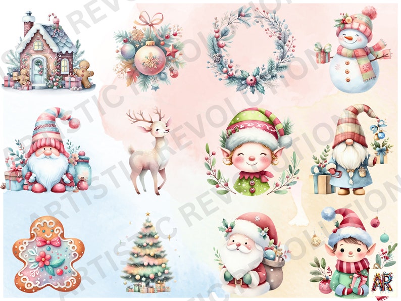 Cute Pastel Christmas Clipart Bundle PNG Watercolor Xmas Clip Art Pink ...