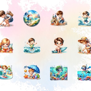 Watercolor Summer Beach Kids Clipart Bundle, Boy Clipart, Baby Girl ...