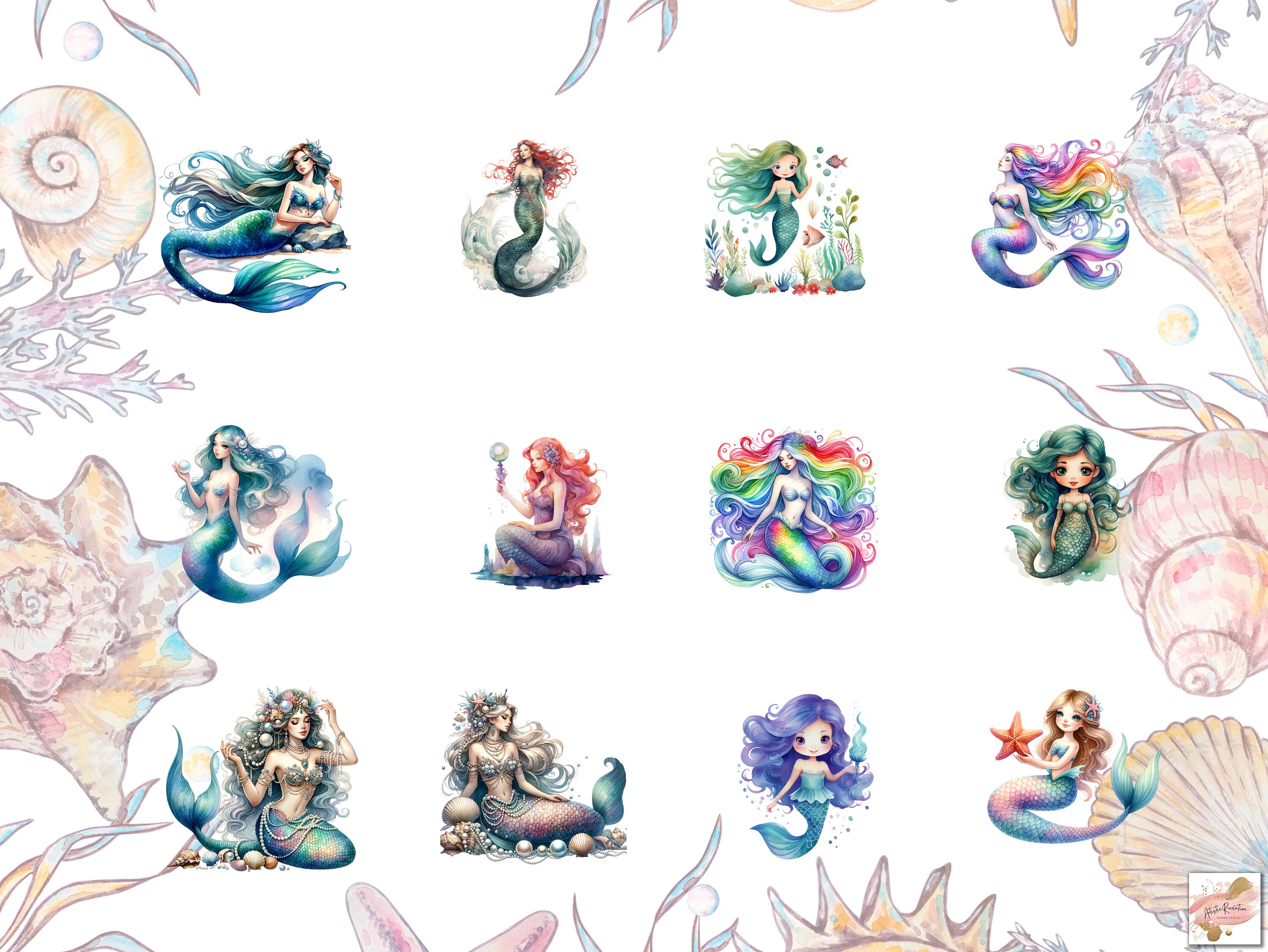 70 Watercolor Mermaids Clipart Bundle, Little Mermaid Clipart Png, Sea ...