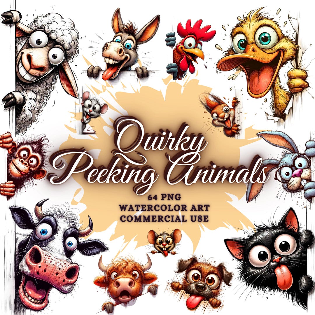 Watercolor Whimsical Funny Quirky Peeking Animals Clipart Bundle Quirky ...