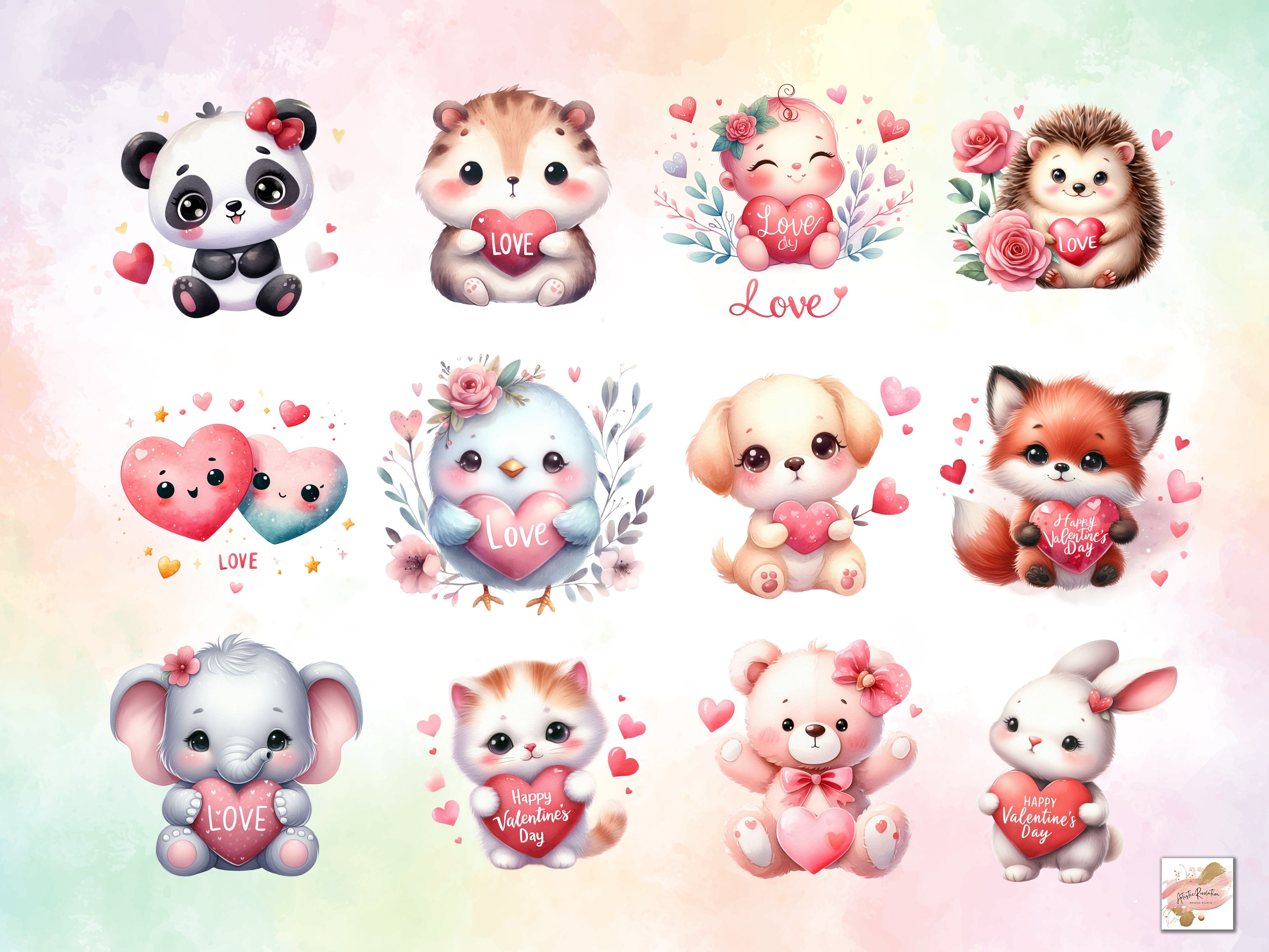 Cute Funny Watercolor Valentine Clipart Bundle Cute Valentine Heart ...