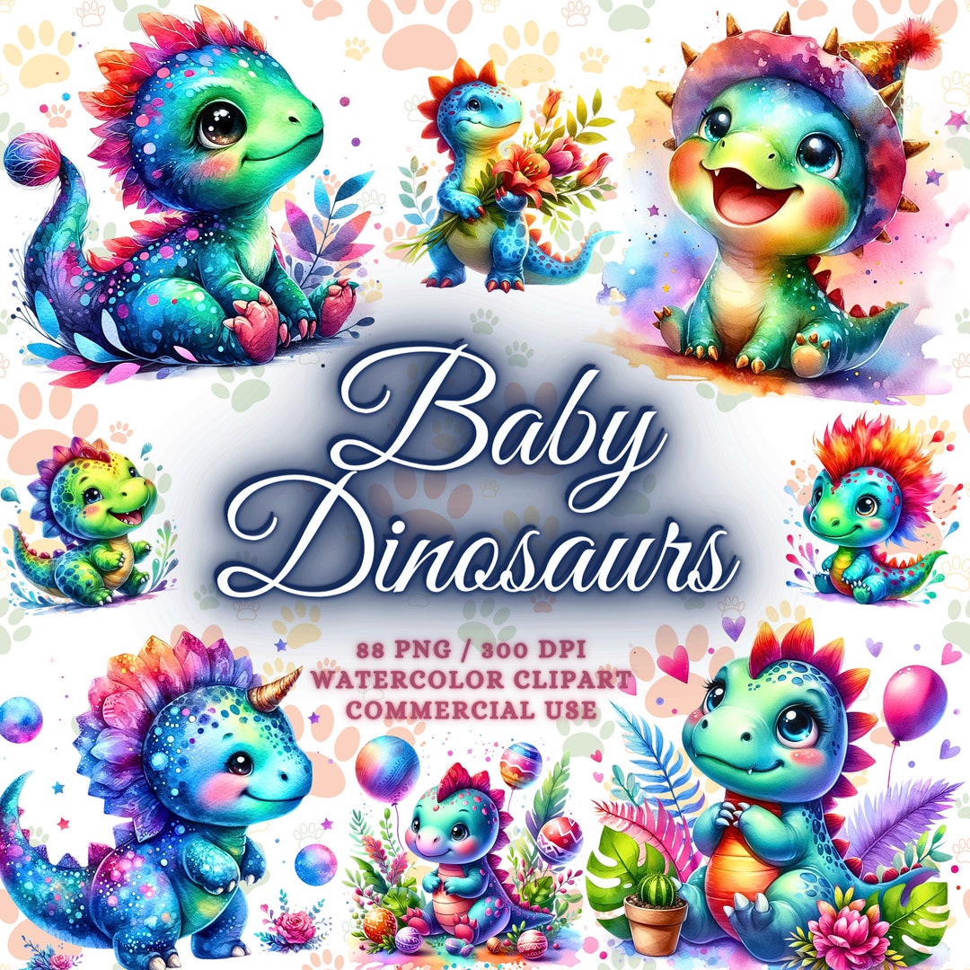 Cute Watercolor Dinosaurs Clipart Bundle, Baby Dinosaurs Clipart, Cute ...