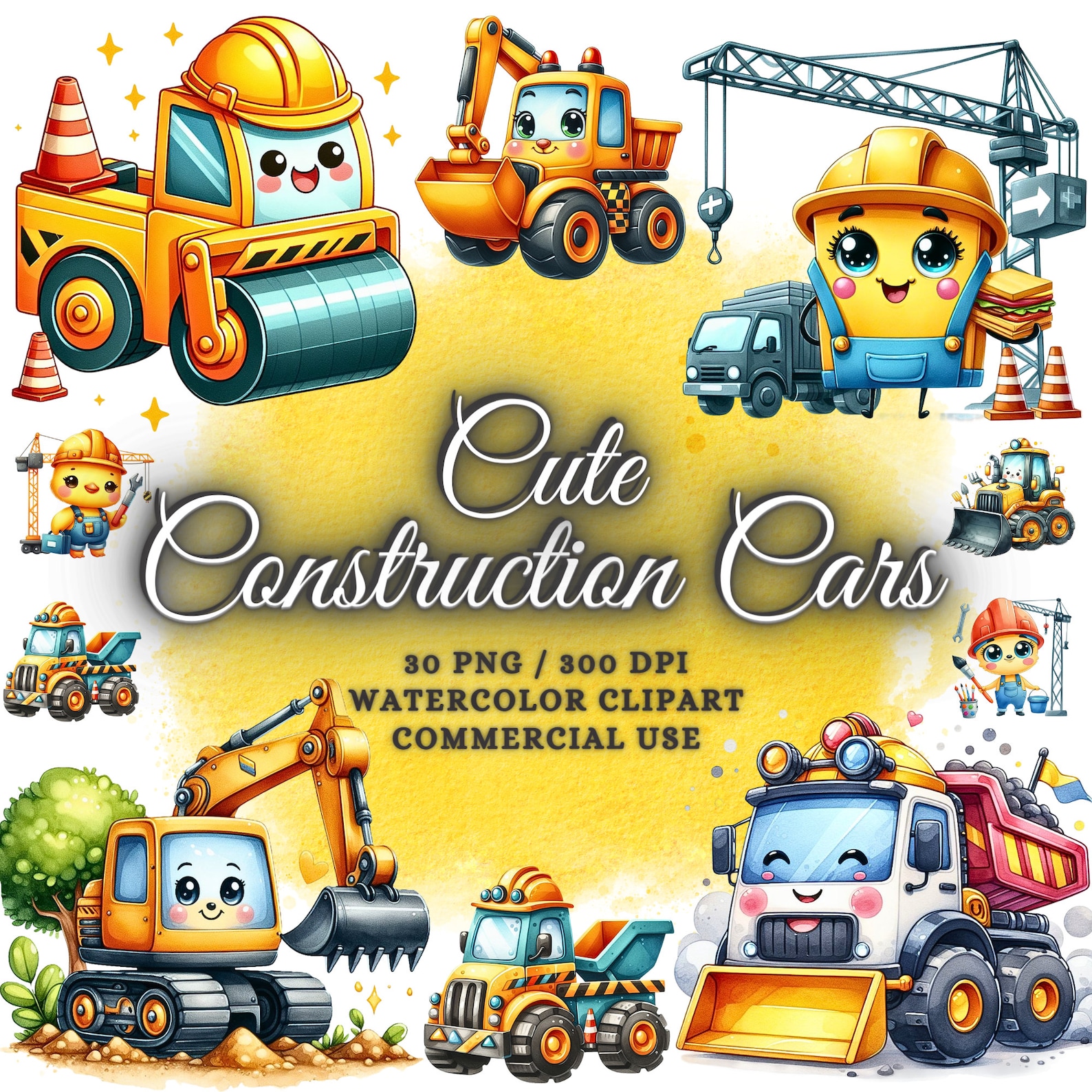 30 Watercolor Construction Vehicles Clipart, Construction Clipart ...