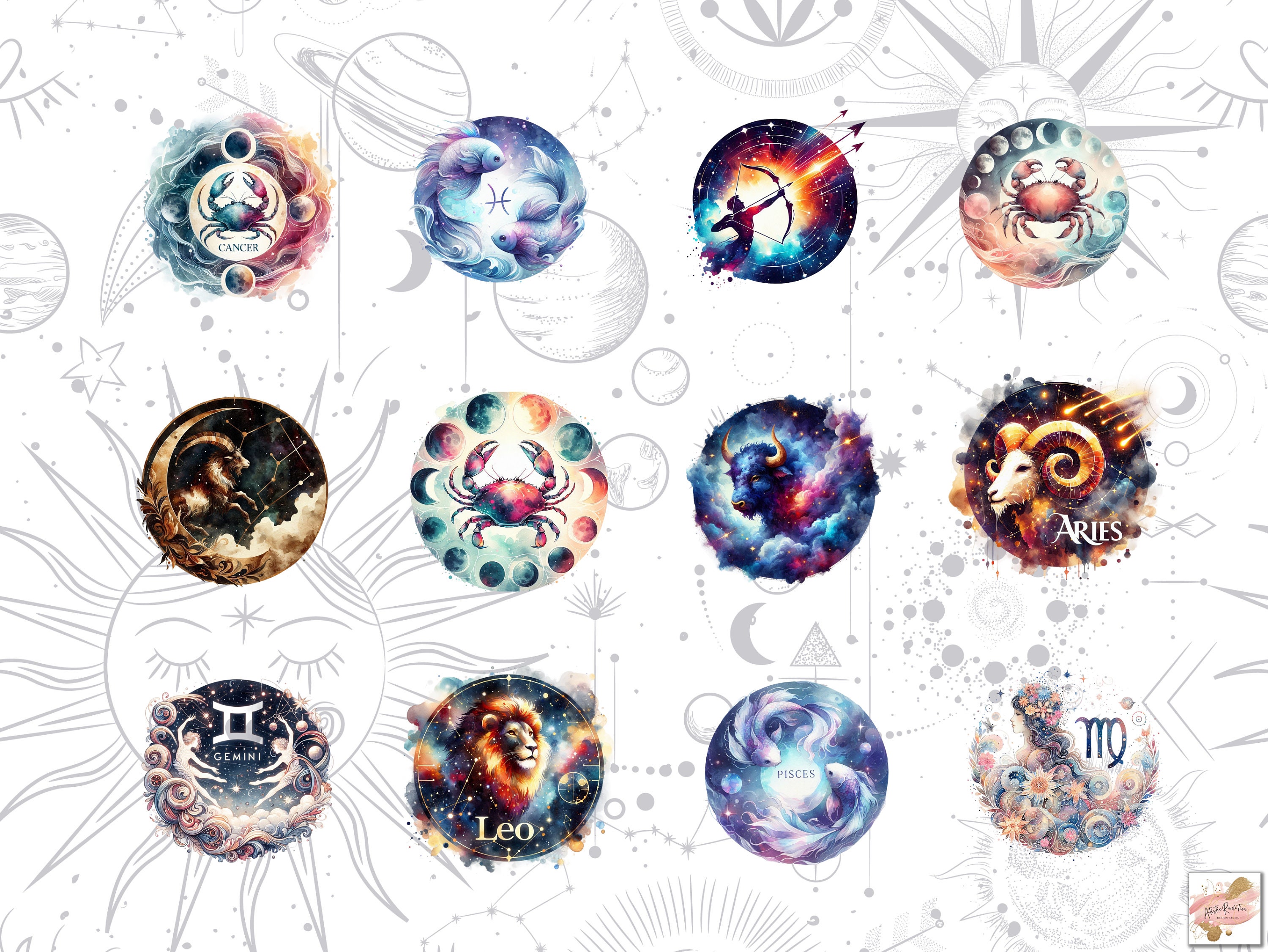 60 Watercolor Zodiac Sign Clipart Bundle, Zodiac Sign PNG, Astrology ...