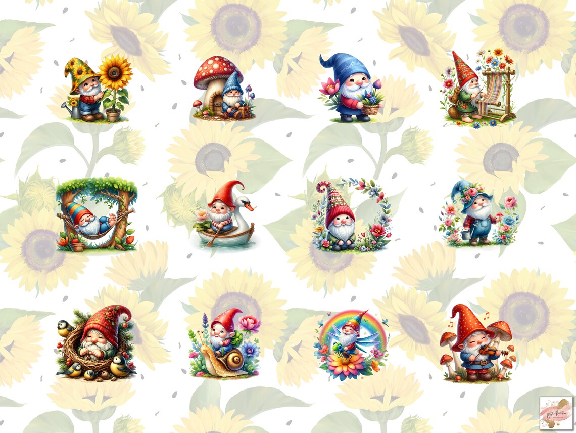 60 Cute Watercolor Garden Gnomes Clipart Bundle, Spring Garden Clipart ...