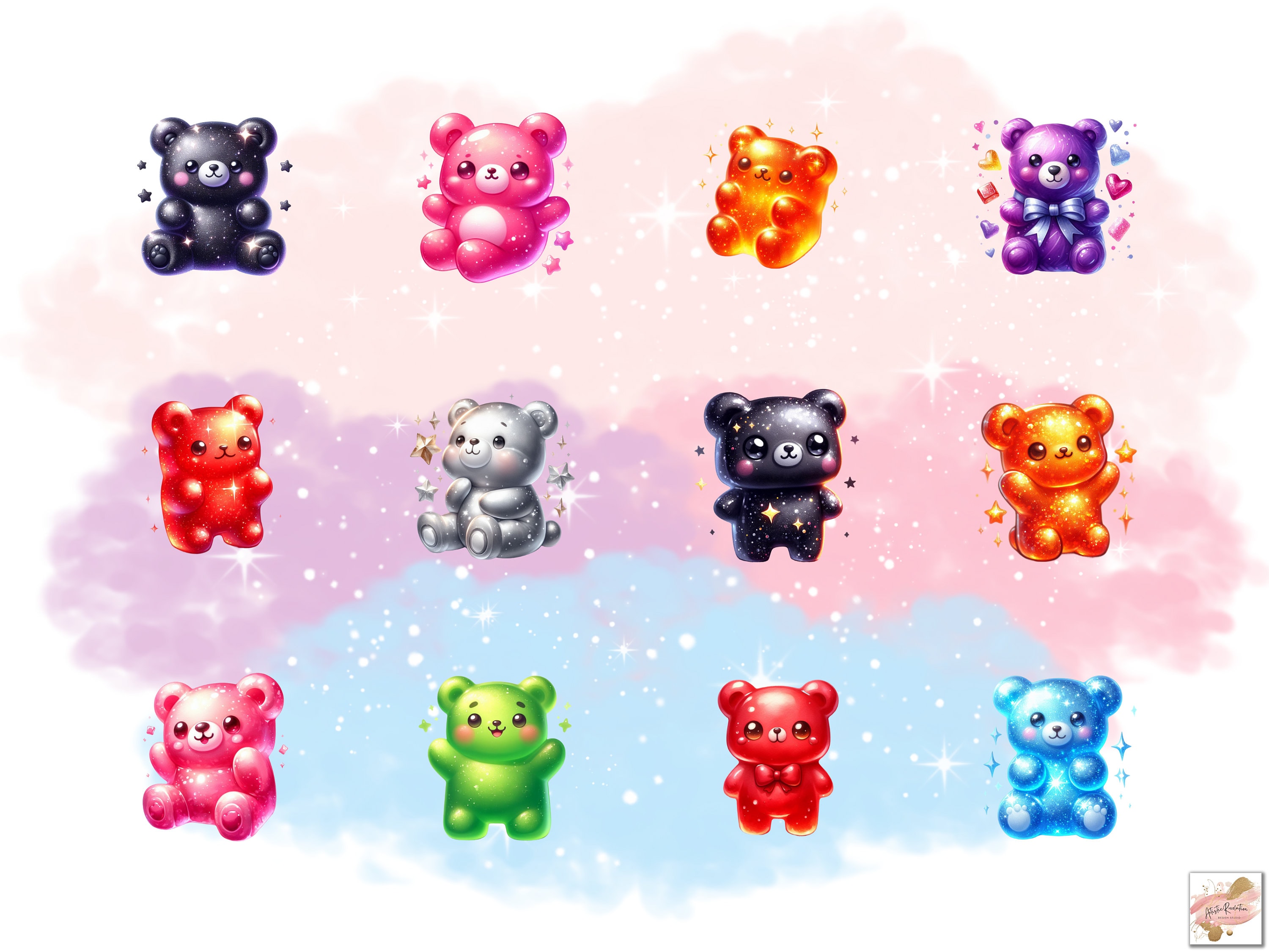 50 Cute Gummy Bears Clipart Bundle, Watercolor Baby Bears Clipart ...