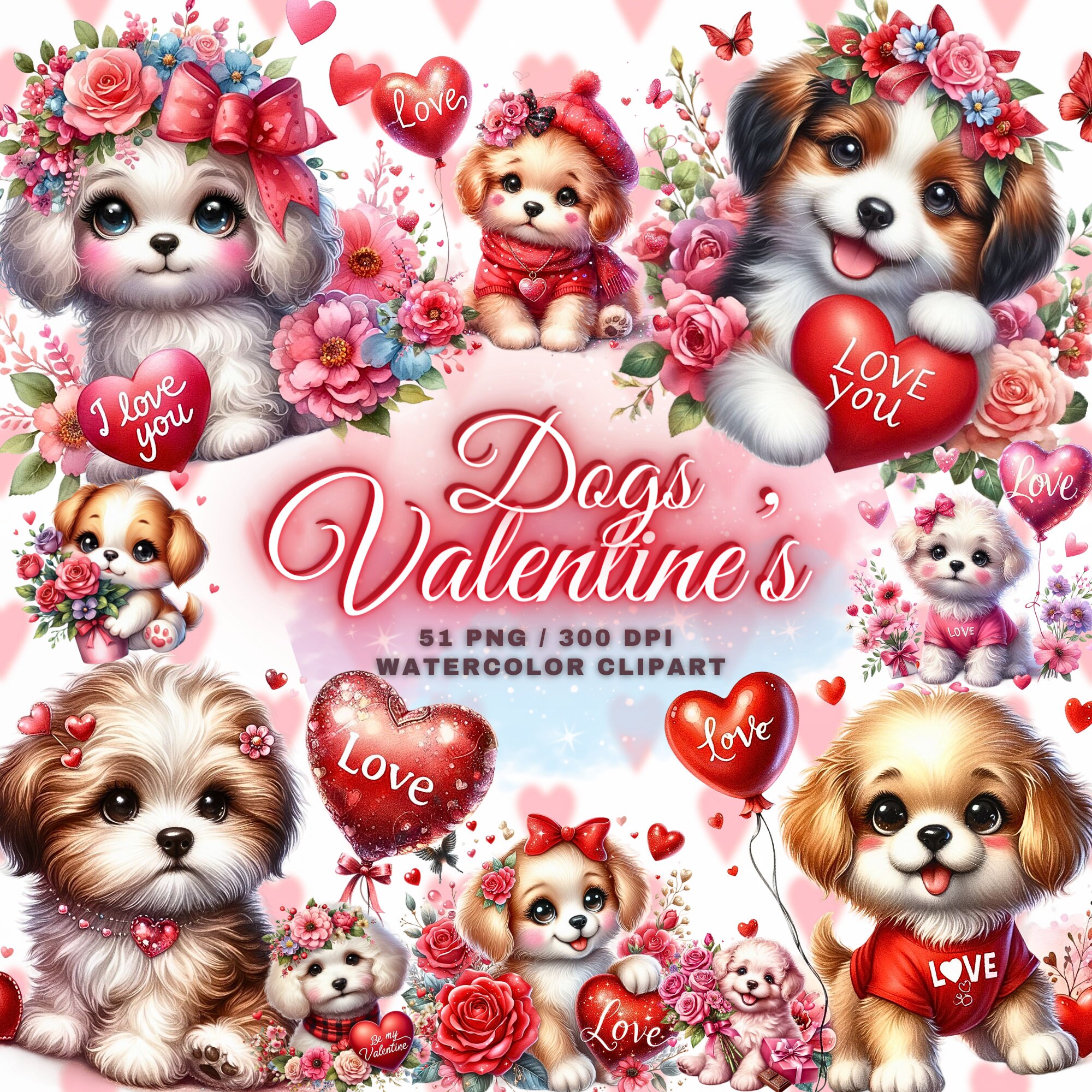 51 Valentine Cute Dogs Clipart Bundle, Valentines Watercolor Dogs ...