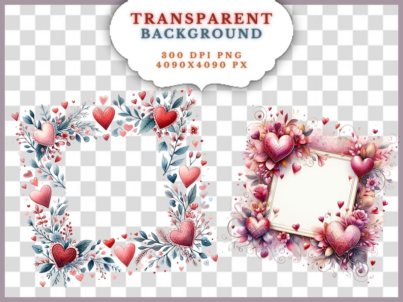 Valentines Watercolor Heart Border Clipart Heart Floral Frame PNG ...