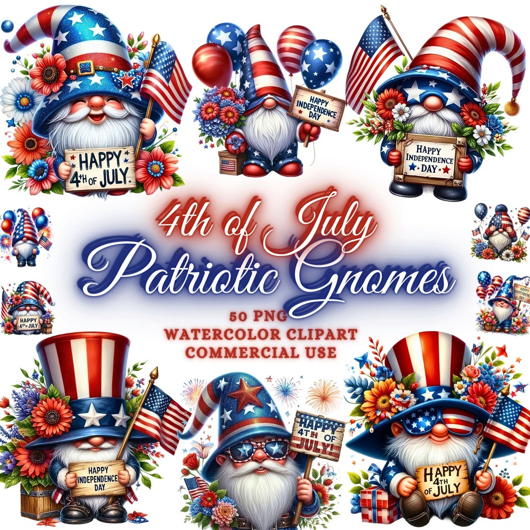 50 Watercolor 4th of July Gnomes Clipart, Patriotic Gnome Clipart, 4th ...