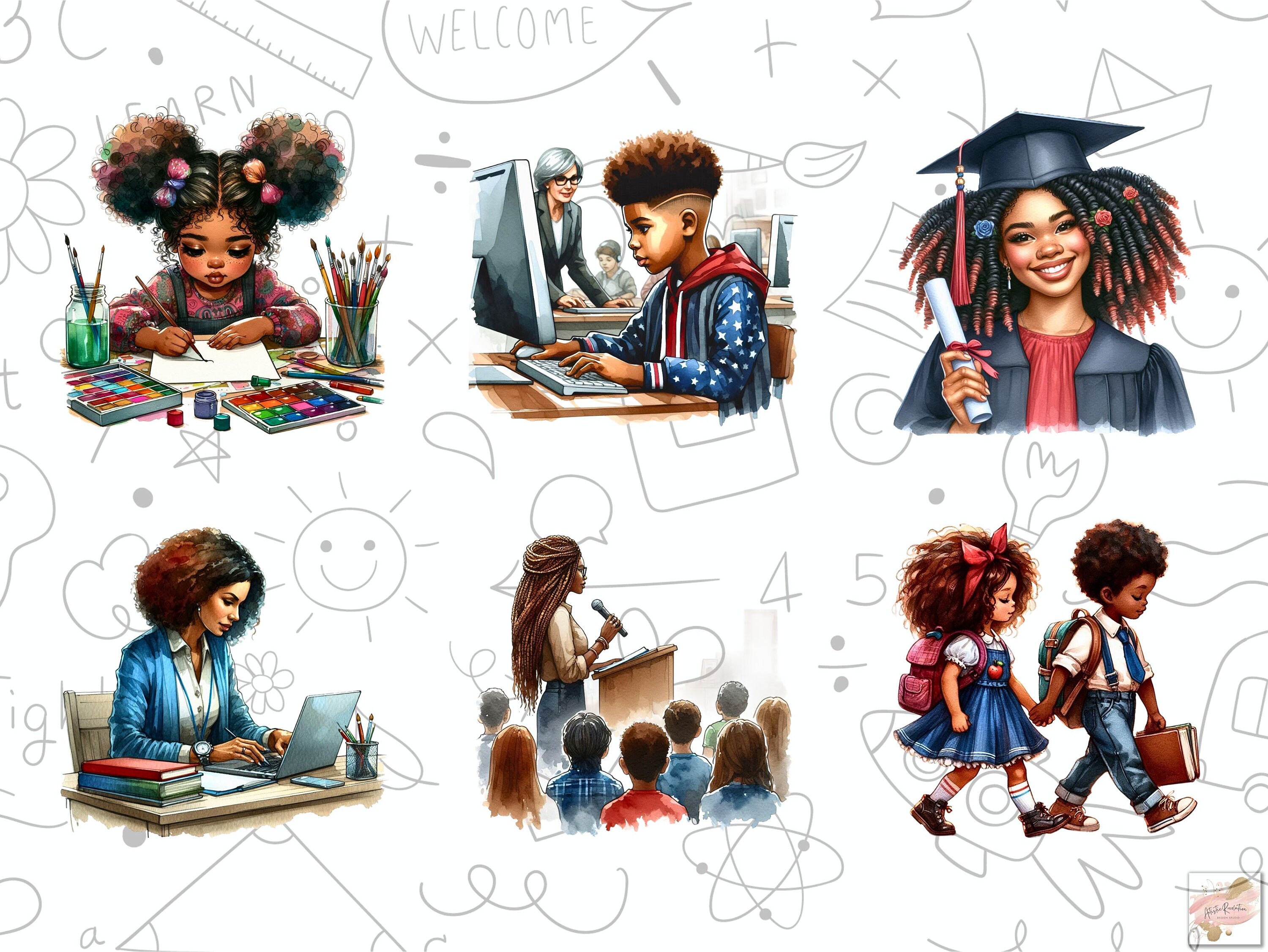Watercolor Back to School Clipart Bundle, Black Teacher Png, Black ...