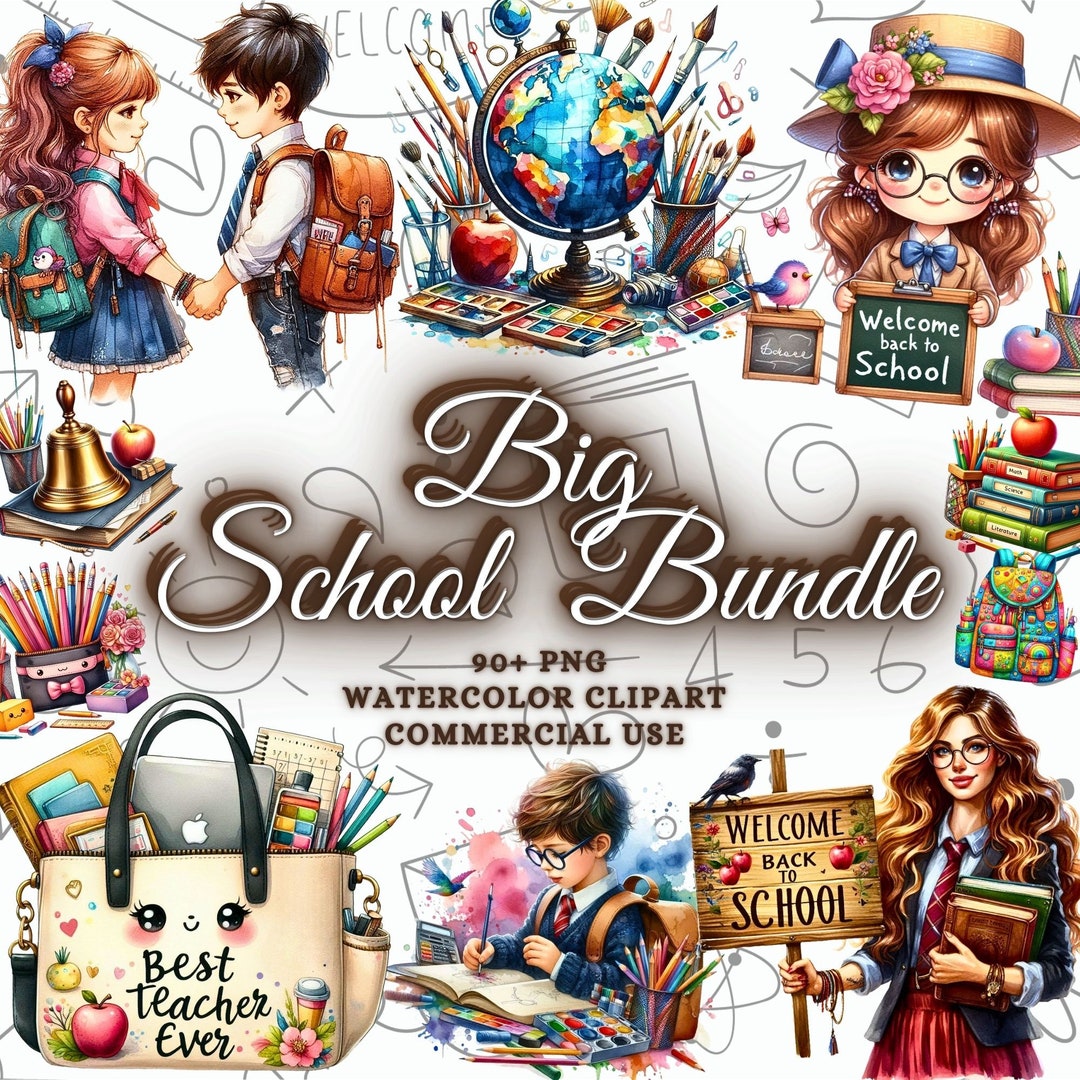 Back to School PNG Bundle, Watercolor Back to School Clipart Bundle ...