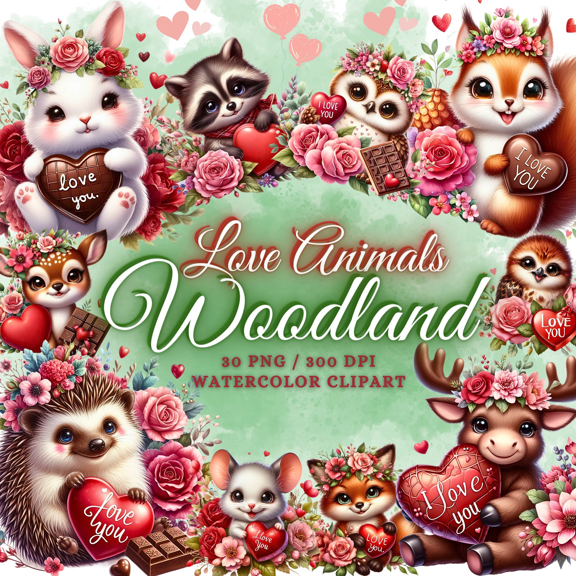 30 Valentine Cute Watercolor Woodland Animals Clipart Bundle, Cute ...