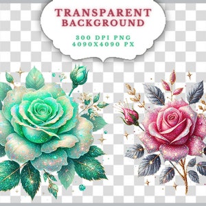 Glitter Roses Clipart Bundle, Watercolor Glitter Flowers Clipart ...