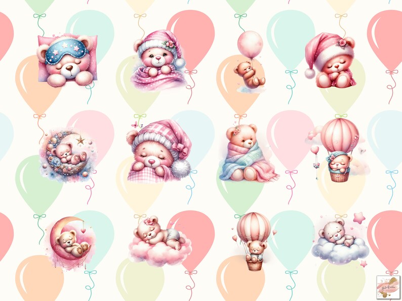 54 Watercolor Cute Teddy Bear Clipart Bundle, Sleeping Teddy Bears ...