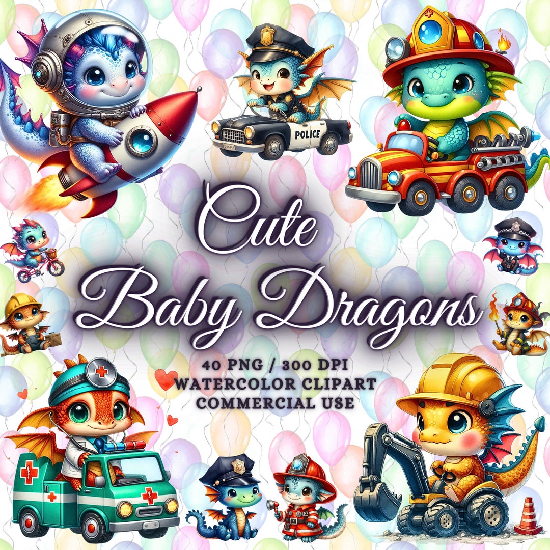 40 Watercolor Baby Dragons Clipart Bundle, Cute Baby Dragon Png Clipart ...