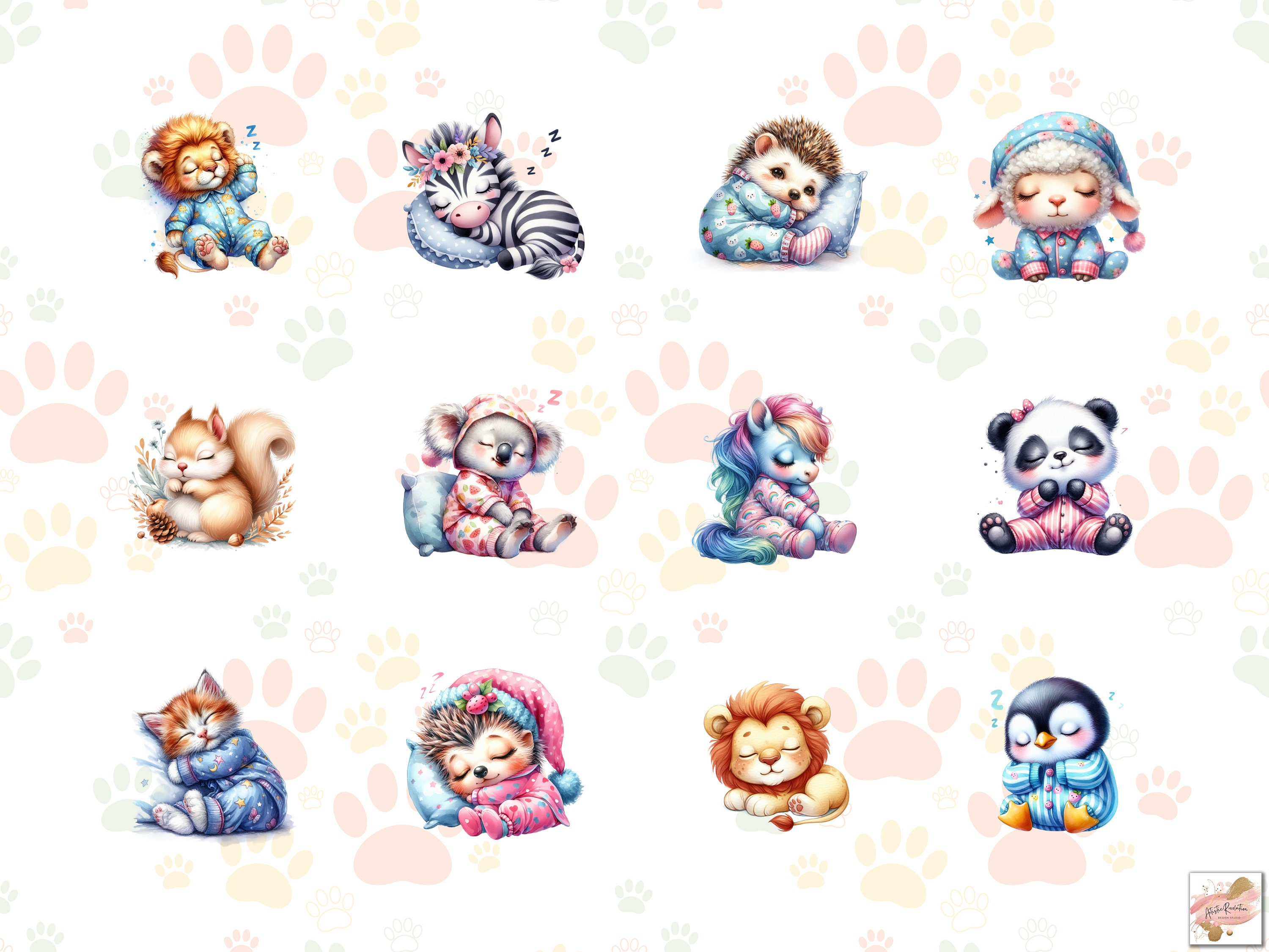88 Cute Sleepy Animals Clipart Bundle, Watercolor Sleepy Animals Png ...
