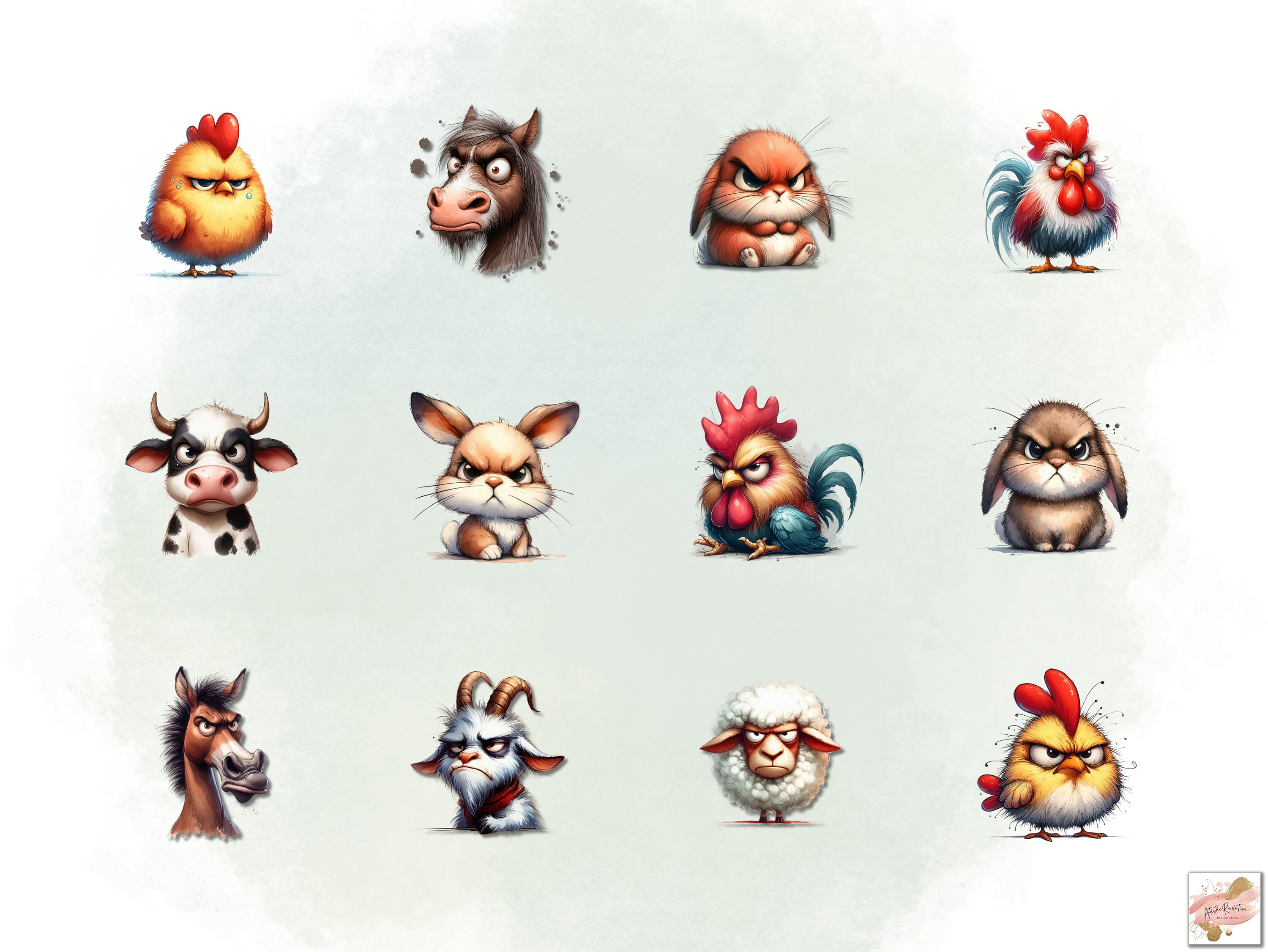40 Watercolor Grumpy Baby Farm Animals Clipart Bundle, Grumpy Farm ...
