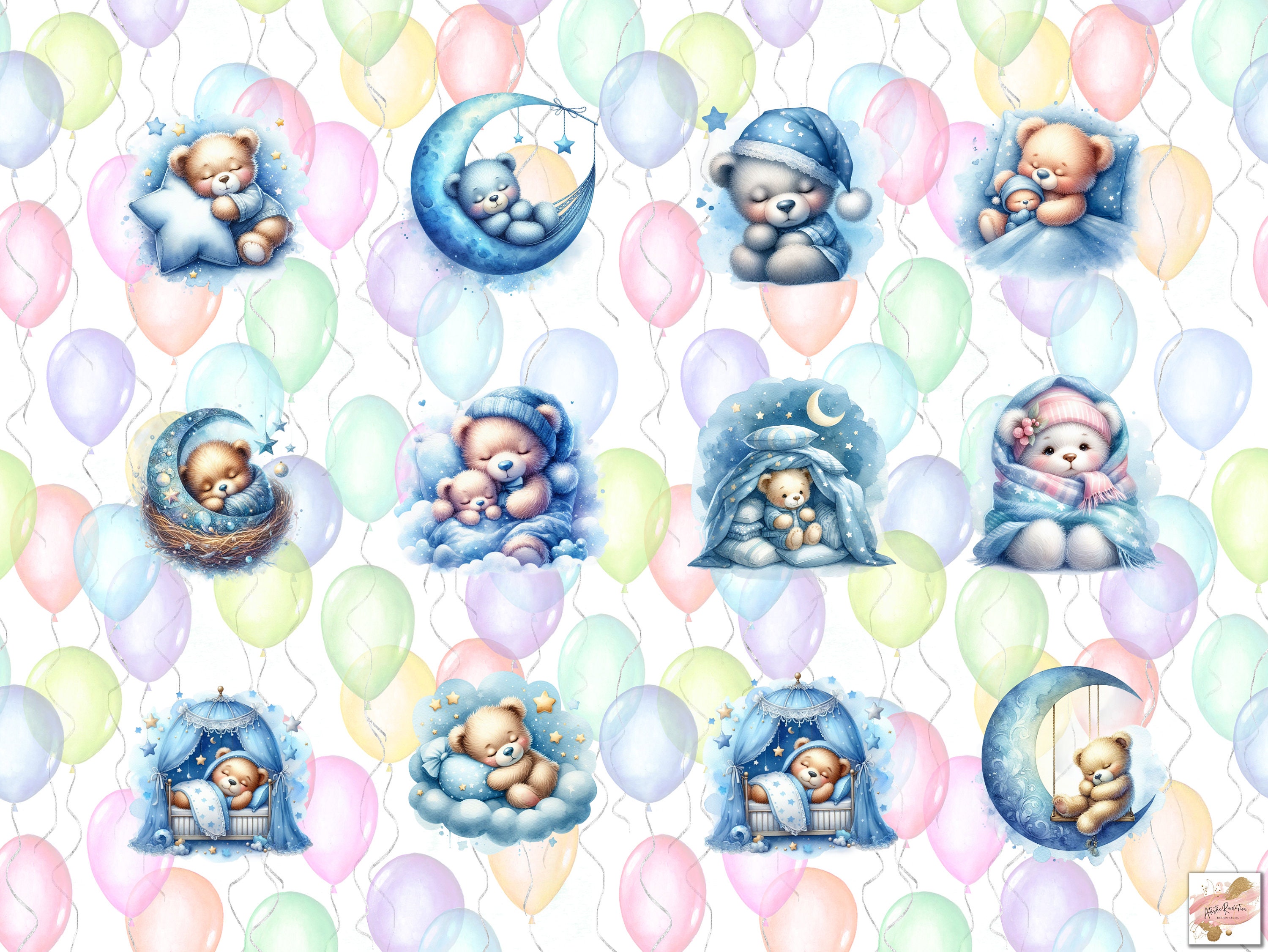 66 Cute Watercolor Teddy Bear Clipart Bundle, Sleeping Teddy Bears ...