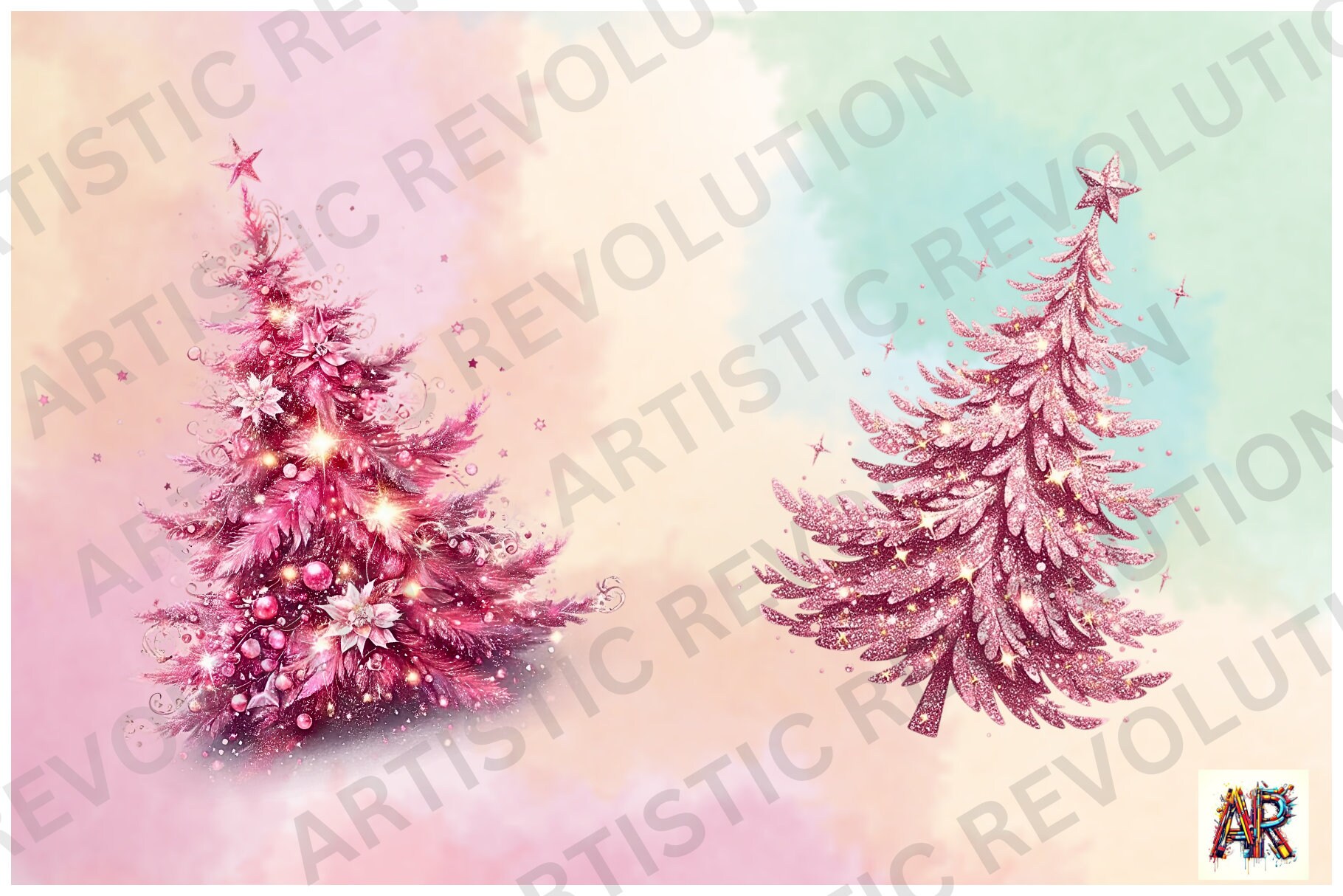 Pink Christmas Tree Clip Art Watercolor Christmas Trees Clipart Painted ...