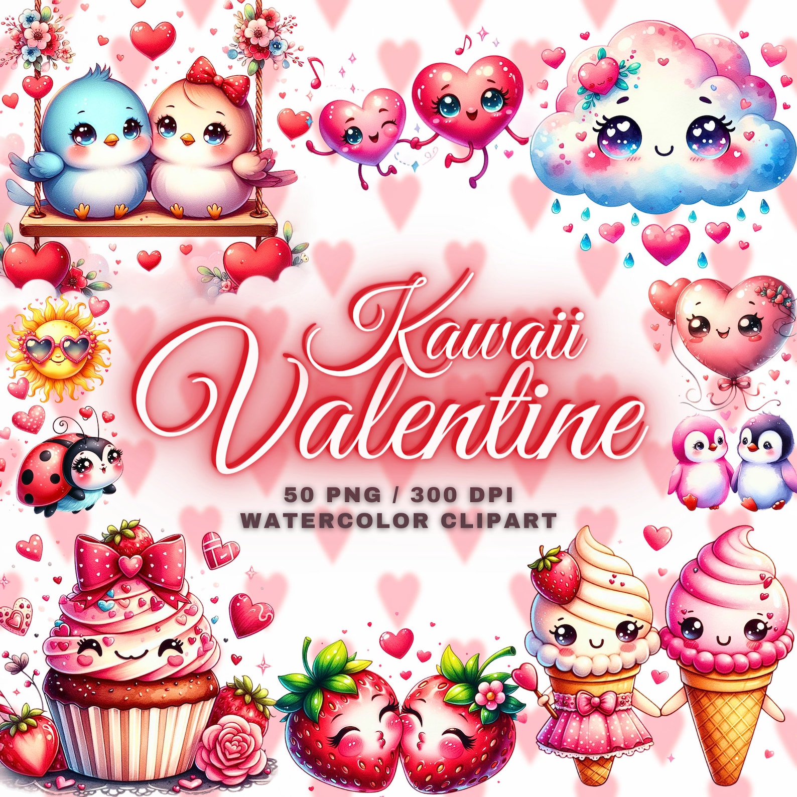 50 Cute Kawaii Valentine Clipart Bundle, Cute Valentine Png Bundle ...