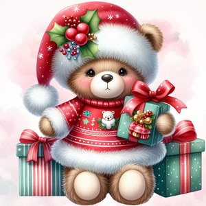 Cute Christmas Teddy Bear Clipart Bundle, Cute Teddy Bear PNG, Holiday ...
