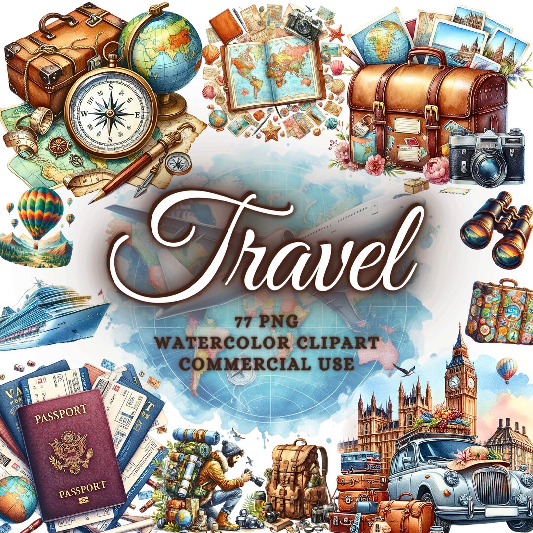 Watercolor Travel Clipart, Vacation Holiday Graphics, Plane, Suitcase ...