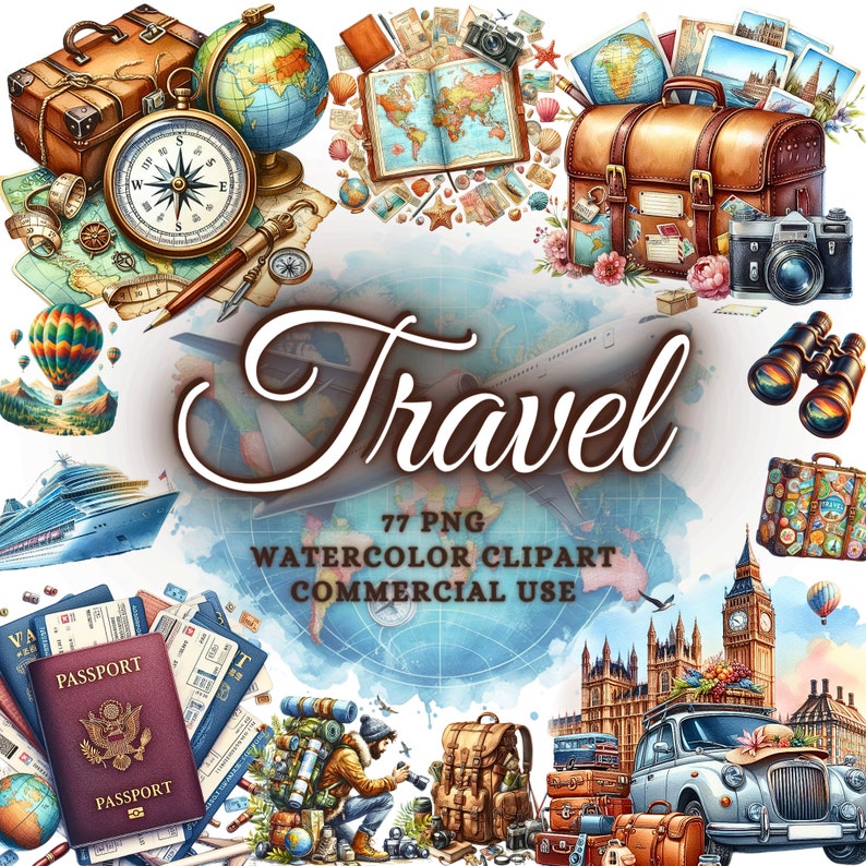 Watercolor Travel Clipart, Vacation Holiday Graphics, Plane, Suitcase ...